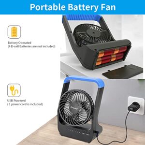 Battery Operated Fan, Camping Fan Battery Powered, Super Long Lasting, Portable D-Cell Battery Powered Desk Fan with Timer, 3 Speeds, Quiet, 180° Rotation, for Office,Bedroom,Outdoor, 5'', Blue