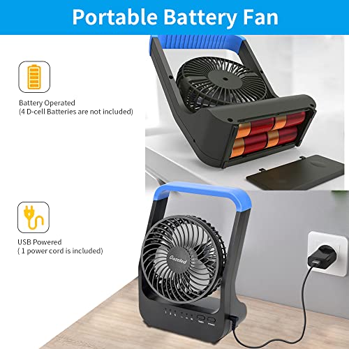 Battery Operated Fan, Camping Fan Battery Powered, Super Long Lasting, Portable D-Cell Battery Powered Desk Fan with Timer, 3 Speeds, Quiet, 180° Rotation, for Office,Bedroom,Outdoor, 5'', Blue