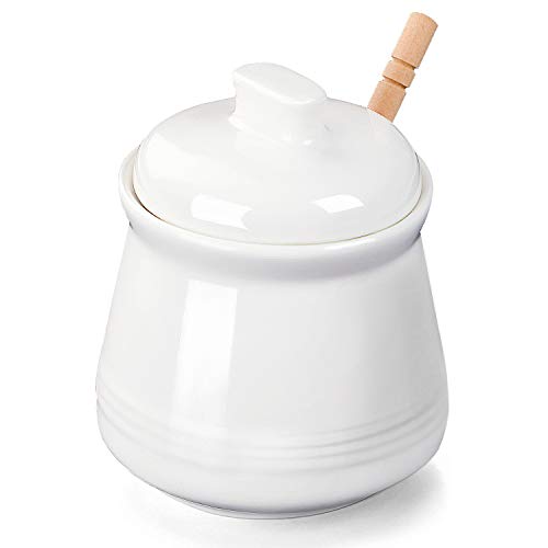 LEETOYI Honey Jar with Lid and Honey Dipper,Ceramic Honey pot,12oz (White)