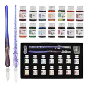 axearte glass dip pen set, 18-pieces calligraphy pens set - 14 color inks, pen holder, cleaning cup, 2 crystal glass pens for art, writing, drawing, signatures, gift for kids and artist