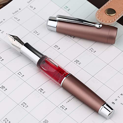 Asvine Mojiang T2 Elastic Piston Fountain Pen, Brown Alloy Acrylic Large-Capacity Ink Pen, Fine Nib with Pen Case