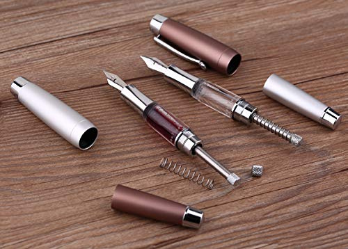 Asvine Mojiang T2 Elastic Piston Fountain Pen, Brown Alloy Acrylic Large-Capacity Ink Pen, Fine Nib with Pen Case