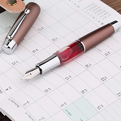 Asvine Mojiang T2 Elastic Piston Fountain Pen, Brown Alloy Acrylic Large-Capacity Ink Pen, Fine Nib with Pen Case