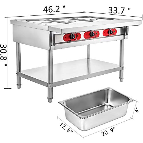 VBENLEM Commercial Electric Food Warmer 3 Pot Steam Table Food Warmer 18 Quart/Pan with Lids with 7 Inch Cutting Board Food Grade Stainless Steel Steam Table Serving Counter 110V 1500W for Restaurant