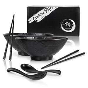 terra home ramen bowl set with chopsticks - large pho bowls and spoons set unbreakable japanese ramen bowl - 6 piece matte black asian noodle bowls - 54 ounce