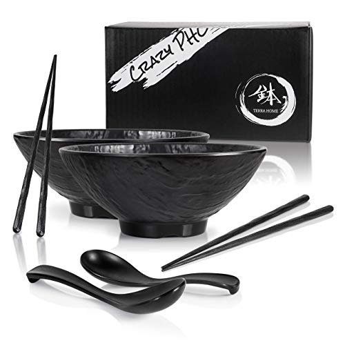 TERRA HOME Ramen Bowl Set with Chopsticks - Large Pho Bowls and Spoons Set Unbreakable Japanese Ramen Bowl - 6 Piece Matte Black Asian Noodle Bowls - 54 Ounce