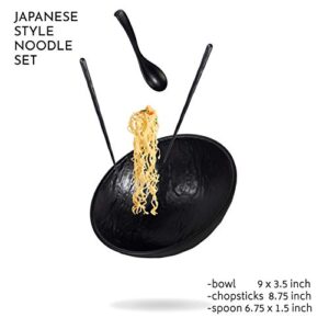 TERRA HOME Ramen Bowl Set with Chopsticks - Large Pho Bowls and Spoons Set Unbreakable Japanese Ramen Bowl - 6 Piece Matte Black Asian Noodle Bowls - 54 Ounce