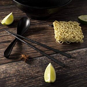 TERRA HOME Ramen Bowl Set with Chopsticks - Large Pho Bowls and Spoons Set Unbreakable Japanese Ramen Bowl - 6 Piece Matte Black Asian Noodle Bowls - 54 Ounce