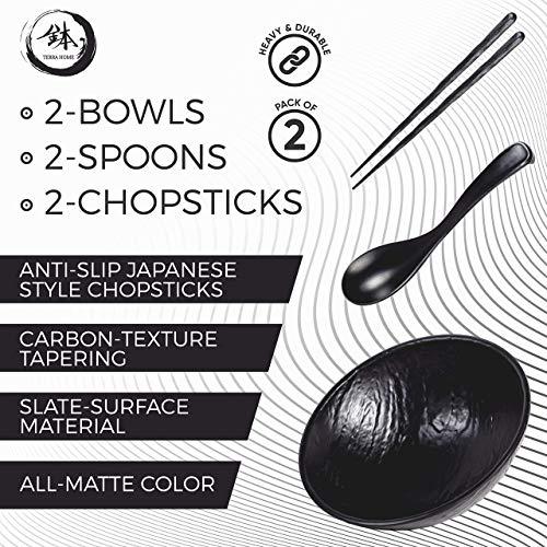 TERRA HOME Ramen Bowl Set with Chopsticks - Large Pho Bowls and Spoons Set Unbreakable Japanese Ramen Bowl - 6 Piece Matte Black Asian Noodle Bowls - 54 Ounce