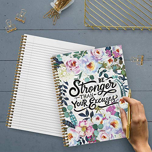 Softcover Stronger Than Excuses 8.5" x 11" Motivational Spiral Notebook/Journal, 120 College Ruled Pages, Durable Gloss Laminated Cover, Gold Wire-o Spiral. Made in the USA