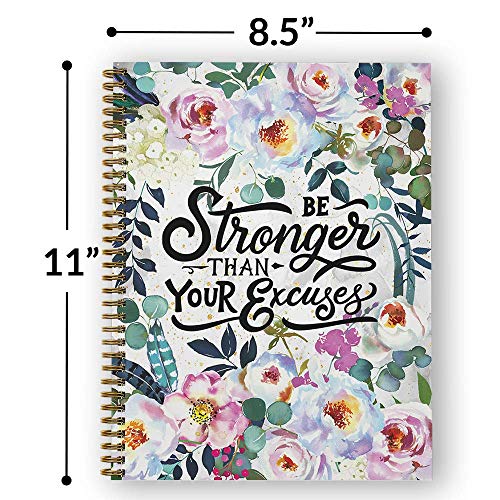 Softcover Stronger Than Excuses 8.5" x 11" Motivational Spiral Notebook/Journal, 120 College Ruled Pages, Durable Gloss Laminated Cover, Gold Wire-o Spiral. Made in the USA