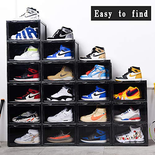 K.T.Z Magnetic Side Open Transparent Plastic Storage Shoe Box Stackable Foldable Storage Shoe Box Sneaker Storage Box Clear Plastic Shoe Boxes Size:14.2X11X8.7 Inch (D Style Black, 12 PCS)