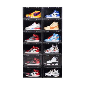 k.t.z magnetic side open transparent plastic storage shoe box stackable foldable storage shoe box sneaker storage box clear plastic shoe boxes size:14.2x11x8.7 inch (d style black, 12 pcs)