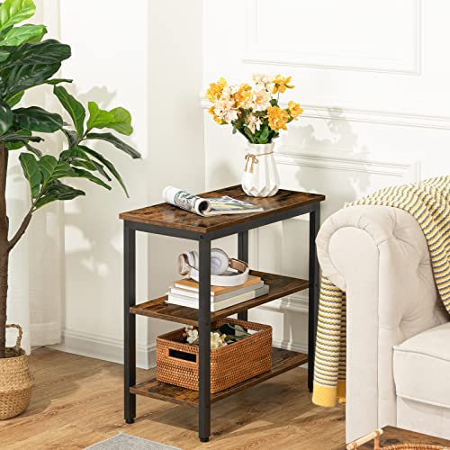 HOOBRO End Table, Simple Rustic Side Table with 3-Tier Storage Shelf, Narrow Nightstand for Small Spaces, Easy Assembly, for Living Room, Entryway, Industrial Design, Rustic Brown and Black BF14BZ01