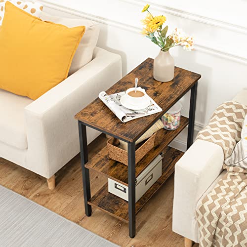 HOOBRO End Table, Simple Rustic Side Table with 3-Tier Storage Shelf, Narrow Nightstand for Small Spaces, Easy Assembly, for Living Room, Entryway, Industrial Design, Rustic Brown and Black BF14BZ01