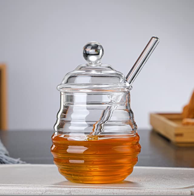 10 OZ Transparent Honey Jar with Dipper and Lid Glass Beehive Style Honey Pot for Home Kitchen Store Honey and Syrup