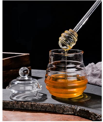 10 OZ Transparent Honey Jar with Dipper and Lid Glass Beehive Style Honey Pot for Home Kitchen Store Honey and Syrup