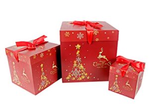 christmas nesting gift boxes w. lids (3 pcs) easy to assemble & reusable.square gift boxes for presents, 3 assorted sizes, 3.9/5.9/8.26inch for holiday decorative wrapping(red christmas tree)