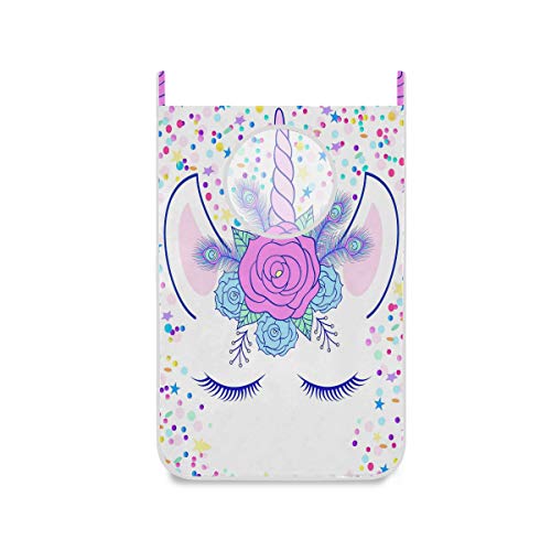 Cream Unicorn Magic Head Door Hanging Laundry Hamper Bag Floral Unicorn Space Saving Wall Large Laundry Basket Storage Dirty Clothes Bags with Bottom Zippers Hooks for Bathroom Bedroom 1 Pcs