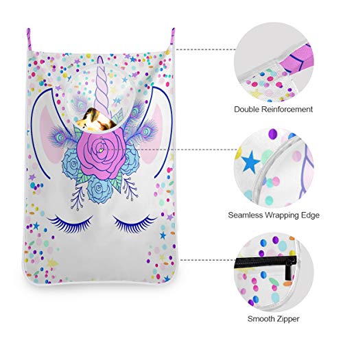 Cream Unicorn Magic Head Door Hanging Laundry Hamper Bag Floral Unicorn Space Saving Wall Large Laundry Basket Storage Dirty Clothes Bags with Bottom Zippers Hooks for Bathroom Bedroom 1 Pcs