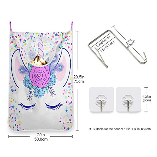 Cream Unicorn Magic Head Door Hanging Laundry Hamper Bag Floral Unicorn Space Saving Wall Large Laundry Basket Storage Dirty Clothes Bags with Bottom Zippers Hooks for Bathroom Bedroom 1 Pcs