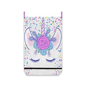 Cream Unicorn Magic Head Door Hanging Laundry Hamper Bag Floral Unicorn Space Saving Wall Large Laundry Basket Storage Dirty Clothes Bags with Bottom Zippers Hooks for Bathroom Bedroom 1 Pcs