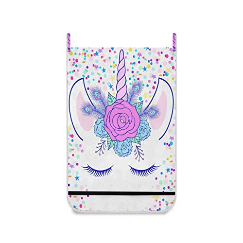 Cream Unicorn Magic Head Door Hanging Laundry Hamper Bag Floral Unicorn Space Saving Wall Large Laundry Basket Storage Dirty Clothes Bags with Bottom Zippers Hooks for Bathroom Bedroom 1 Pcs