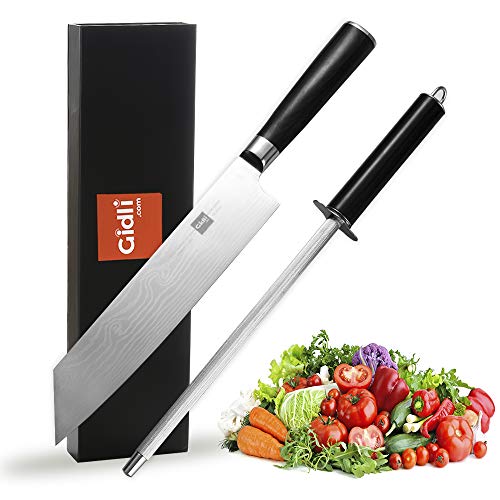 Gidli Chef Knife Lifetime Replacement Warranty - Includes Sharpening Rod as a Bonus - 8" Professional Kitchen Knife (German Carbon Stainless Steel) with Wooden Handle - Durable, Sharp Meat Knife