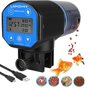 lukovee automatic fish feeder,new generation feeding time display usb rechargeable timer moisture-proof aquarium or fish tank food dispenser with 200ml large capacity for vacation weekend holiday,blue