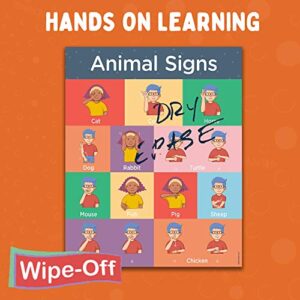 Sign Language Posters for Classroom - 3 Pack Includes: Family, Clothes, and Animal Sign Language Charts for Kids. ASL Posters for Classrooms are Each 16x20 inches, Dry Erase, and Made in the USA.