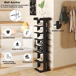 HOMEFORT 7-Tier Wood Shoe Rack, Entryway Shoe Tower,Vertical Shoe Organizer, Wooden Shoe Storage Stand(Black)