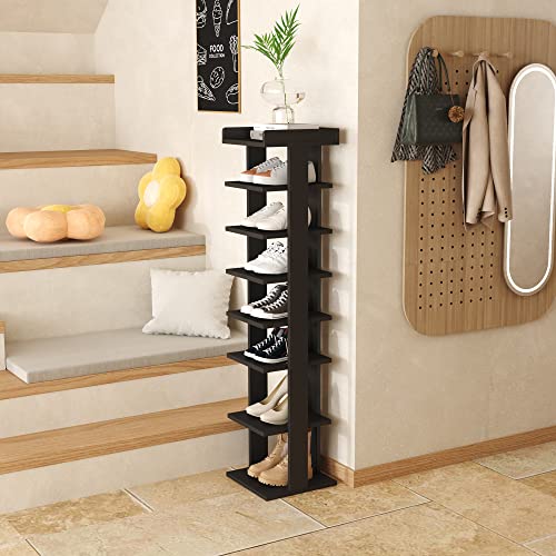 HOMEFORT 7-Tier Wood Shoe Rack, Entryway Shoe Tower,Vertical Shoe Organizer, Wooden Shoe Storage Stand(Black)