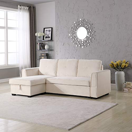 Legend Furniture Velvet Chaise Storage Reversible Sofa Bed Sleeper Sectional, 91", Cream