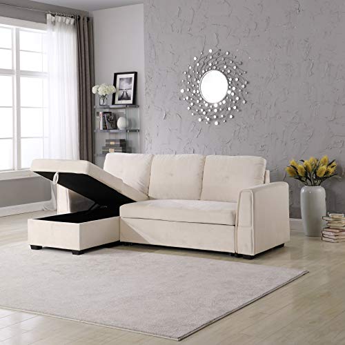 Legend Furniture Velvet Chaise Storage Reversible Sofa Bed Sleeper Sectional, 91", Cream