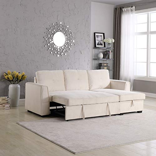 Legend Furniture Velvet Chaise Storage Reversible Sofa Bed Sleeper Sectional, 91", Cream