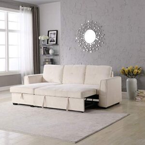 Legend Furniture Velvet Chaise Storage Reversible Sofa Bed Sleeper Sectional, 91", Cream