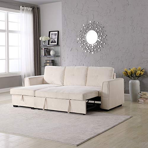 Legend Furniture Velvet Chaise Storage Reversible Sofa Bed Sleeper Sectional, 91", Cream