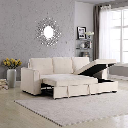 Legend Furniture Velvet Chaise Storage Reversible Sofa Bed Sleeper Sectional, 91", Cream