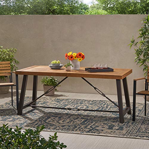 Christopher Knight Home Obharnait Industrial Dining Table, Teak Finish, Rustic Metal