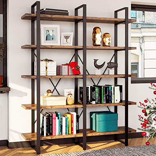 IRONCK Industrial Bookshelf and Bookcase Double Wide 5 Tier, Large Open Shelves, Wood and Metal Bookshelves for Home Office Furniture, Easy Assembly