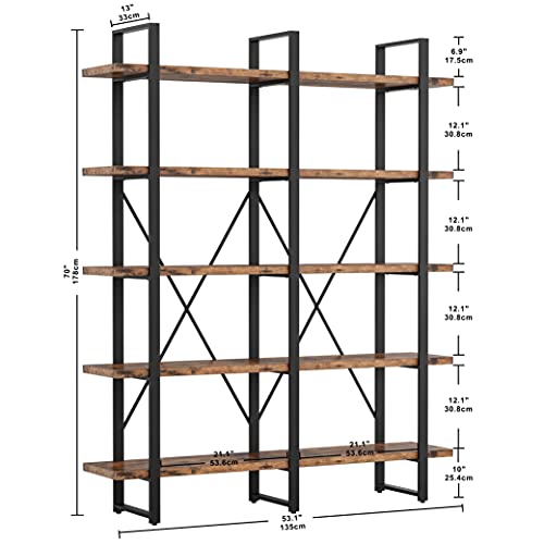 IRONCK Industrial Bookshelf and Bookcase Double Wide 5 Tier, Large Open Shelves, Wood and Metal Bookshelves for Home Office Furniture, Easy Assembly