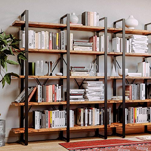 IRONCK Industrial Bookshelf and Bookcase Double Wide 5 Tier, Large Open Shelves, Wood and Metal Bookshelves for Home Office Furniture, Easy Assembly