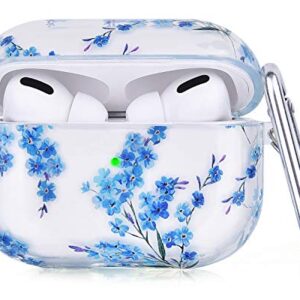 QINGQING Airpods Pro Case, 3 in 1 Cute Airpod Pro Clear Protective Hard Case Cover Shockproof Women Girls Men with Keychain for Airpods Pro Charging Case (Clear-Blue Floral)