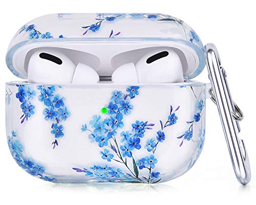 QINGQING Airpods Pro Case, 3 in 1 Cute Airpod Pro Clear Protective Hard Case Cover Shockproof Women Girls Men with Keychain for Airpods Pro Charging Case (Clear-Blue Floral)