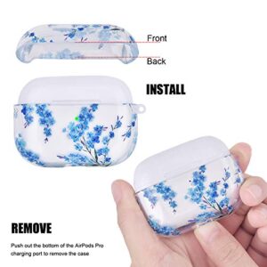 QINGQING Airpods Pro Case, 3 in 1 Cute Airpod Pro Clear Protective Hard Case Cover Shockproof Women Girls Men with Keychain for Airpods Pro Charging Case (Clear-Blue Floral)