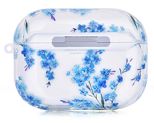 QINGQING Airpods Pro Case, 3 in 1 Cute Airpod Pro Clear Protective Hard Case Cover Shockproof Women Girls Men with Keychain for Airpods Pro Charging Case (Clear-Blue Floral)