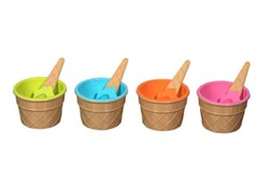 hammont ice cream bowls and spoons - reusable dessert bowls and spoons set, durable plastic bowls for party favor | 4 bowls and 4 matching spoons (orange, pink, light green, sky blue)