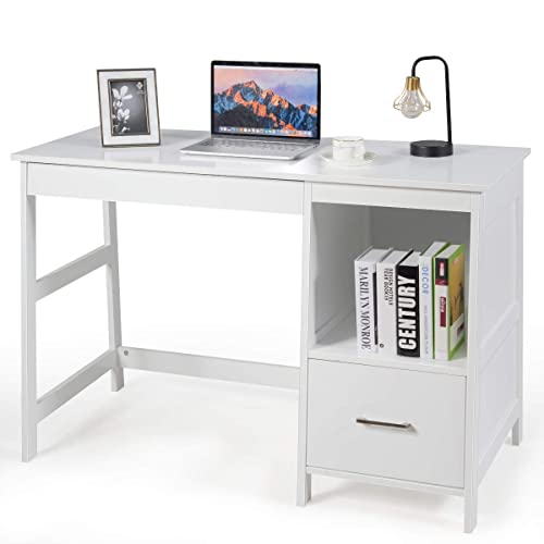 Tangkula White Desk with Drawers, Small Computer Desk Study Writing Desk, Modern Home Office Desk Student Desk with Storage Space, Makeup Vanity Desk for Bedroom (White)