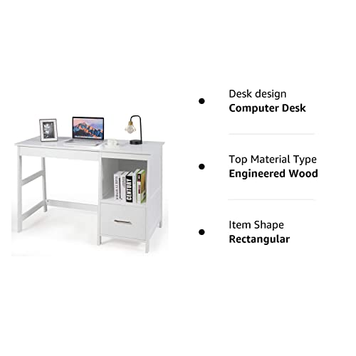 Tangkula White Desk with Drawers, Small Computer Desk Study Writing Desk, Modern Home Office Desk Student Desk with Storage Space, Makeup Vanity Desk for Bedroom (White)