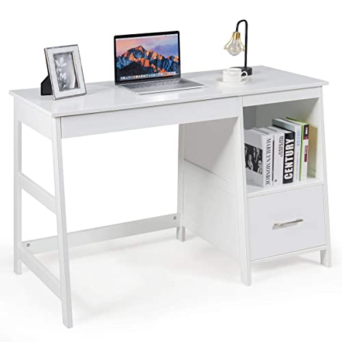 Tangkula White Desk with Drawers, Small Computer Desk Study Writing Desk, Modern Home Office Desk Student Desk with Storage Space, Makeup Vanity Desk for Bedroom (White)